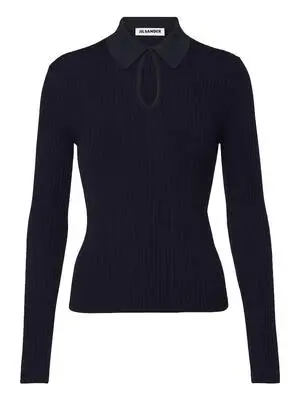 JIL SANDER Cutout Ribbed-knit Wool Polo Sweater - Blue