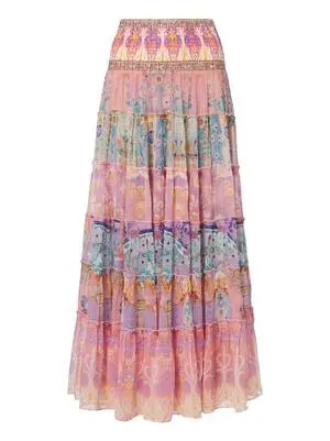 Camilla Printed Tiered Silk Maxi Skirt - Multicoloured