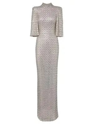 Jenny Packham Sedona Embellished Mesh Gown - Silver