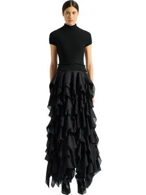 Balmain Long Ruffled Silk Skirt - Black