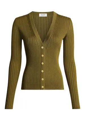 Balmain Ribbed Knit Cardigan With Gold-tone Buttons - Green