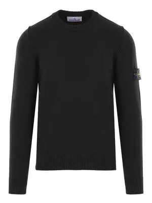 Stone Island Lambwool Crew Neck Sweater With Sleeve Patch - Black