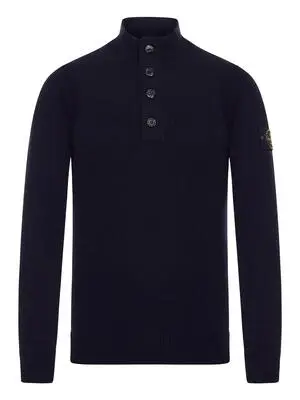 Stone Island Button Detailed High Neck Sweater - Blue