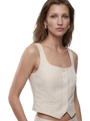 KOTON Koton Linen Blend Square Collar Crop Vest