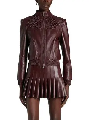 Alexander McQueen Smocked Lambskin Leather Bomber Jacket - Lacquer