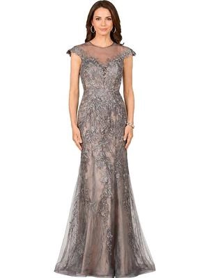 LARA NEW YORK Sheath Lace Gown With Cap Sleeves - Charcoal