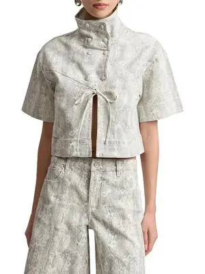 Avec Les Filles Double-breasted Cropped Short-sleeved Jacket With Stand Collar And Front Tie - Ecru Python