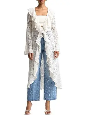 Avec Les Filles Longline Lace Ruffle Cardigan - White
