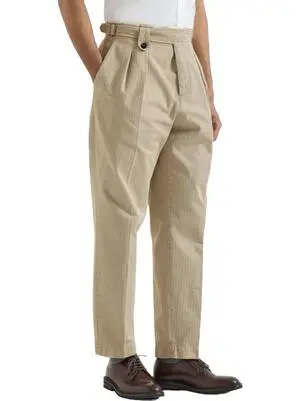 Brunello Cucinelli Cotton Chevron Double Pleat Trousers With Waist Tabs - Navy Blue