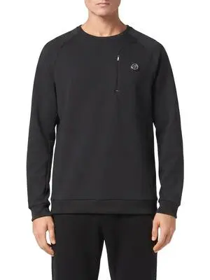 PLEIN SPORT Cotton Crewneck Sweatshirt With Zip Pockets And Logo Print - Black