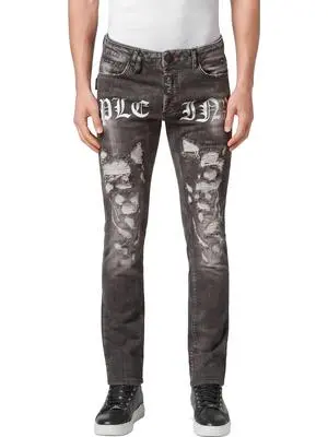 Philipp Plein Skinny Fit Distressed Logo Print Denim Jeans - Grey