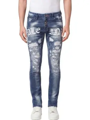 Philipp Plein Skinny Fit Distressed Logo Print Denim Jeans - Turquoise