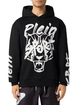 PLEIN SPORT Graphic Print Cotton Hoodie With Dropped Shoulders - Black