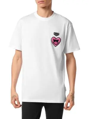 Philipp Plein Cotton T-shirt With Contrasting Logo Patch And Dropped Shoulders - White