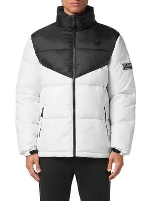 PLEIN SPORT Short Quilted Technical Fabric Puffer Jacket With High Neck And Zip Closure - White