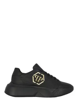 Philipp Plein Croc-effect Leather Low-top Trainers With Hexagon Logo - Black