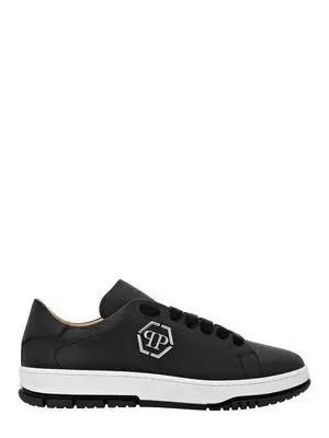 Philipp Plein Low-top Smooth Leather Sneakers With Hexagon Logo And Monogram - Black