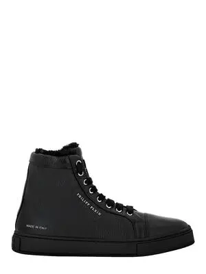 Philipp Plein High-top Grained Leather Sneakers With Shearling Lining - Black