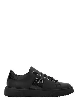 Philipp Plein Low-top Sneakers In Smooth Leather With Applied Side Logo - Black