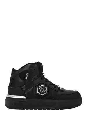Philipp Plein Monogram Leather High-top Sneakers With Hexagon Logo Black