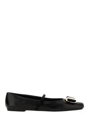 FERRAGAMO Leather Ballet Flats With Buckle Detail - Black
