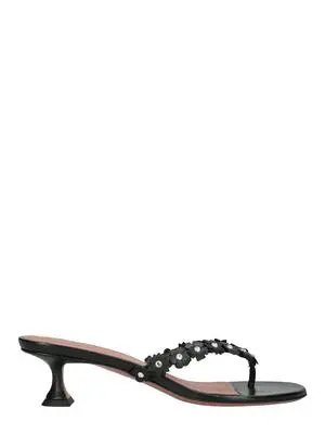 Amina Muaddi Janis Leather Flower Appliqué Heeled Sandals - Black