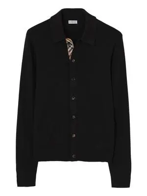 Burberry Fine-knit Wool Collared Cardigan With Check Placket - Nero