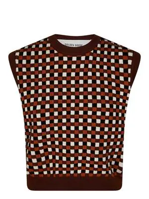 GOLDEN GOOSE Wool Gilet With Checkered Pattern - Marrone