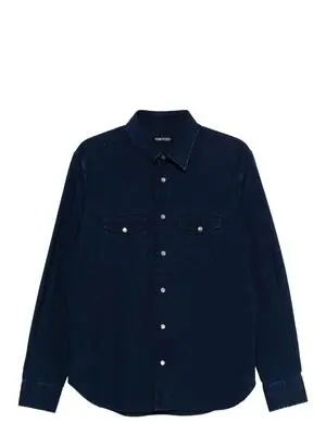 TOM FORD Pointed Collar Long Sleeve Button-up Shirt With Chest Pockets - Navy