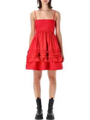 GANNI 100% Organic Cotton Ruffled Mini Dress - Rosso
