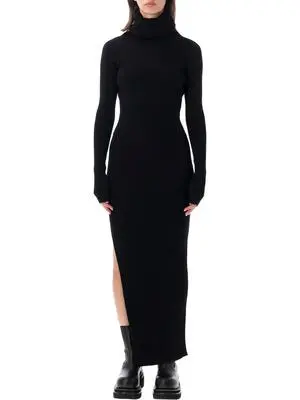 Rick Owens Ribbed Knit Turtleneck Midi Dress With Side Slit - Nero