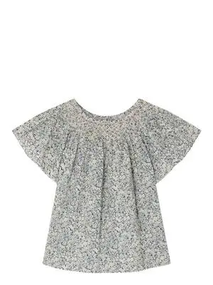 Bonpoint Floral Print Smocked Mini Top With Short Sleeves - Navy