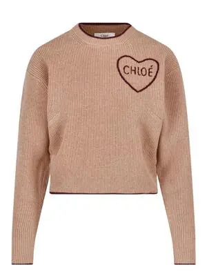 Chloé Merino Wool & Cashmere Sweater With Heart Appliqu - Brown