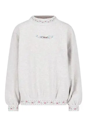 Chloé Cotton Ribbed Sweater With Embroidered Floral Detail - Grey