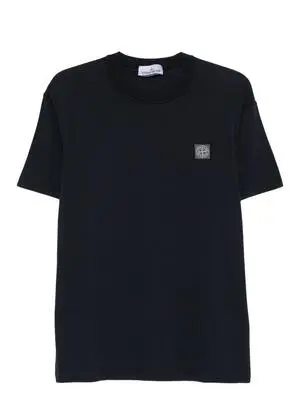 Stone Island Stone Island Ribbed Neckline T-Shirt With Compass Logo Patch Blu