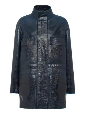 Fendi High-neck Leather Blouson With Sheepskin Lining - Blue