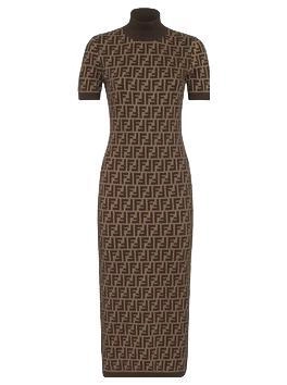 Fendi Cotton Knit Ff Motif Jacquard Midi Dress - Brown