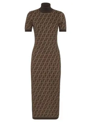 Fendi Cotton Knit Ff Motif Jacquard Midi Dress - Brown