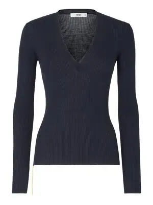 Fendi Long-sleeve Ribbed Wool V-neck Jumper - Blue
