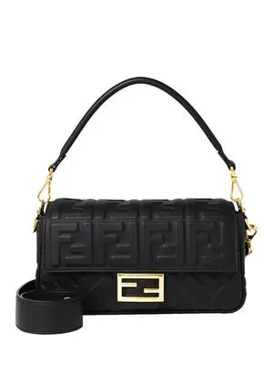 Fendi Baguette Bag In Nappa Leather With Embossed Ff Motif - Black