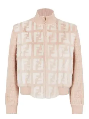 Fendi Ff Motif Velvet And Viscose Knit Bomber Jacket With Mink Insert - Pink