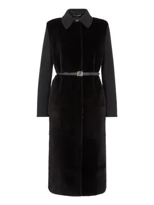 Fendi Long Single-breasted Coat With Shearling Detail - Black