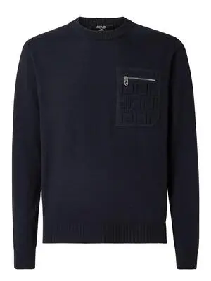 Fendi Wool Crew Neck Jumper With Zipped Pocket - Blue