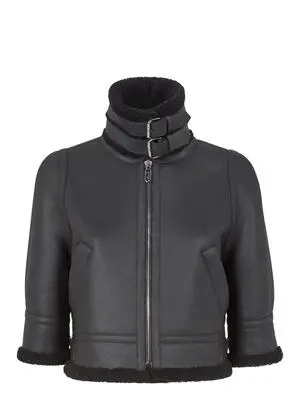 Fendi Cropped Aviator Bomber Jacket With Shearling Lining - Black