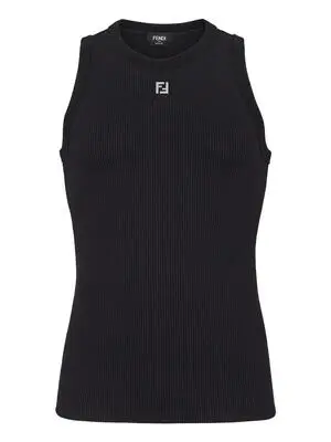Fendi Fitted Ribbed Cotton Top With Ff Detail - Black