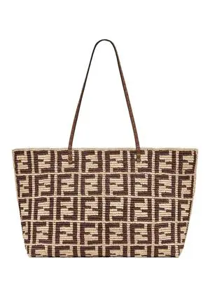 Fendi Raffia Shopper Bag With Ff Logo - Brown