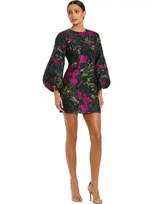 Mac Duggal Floral Brocade Puff Sleeve Fitted Mini Dress - Black