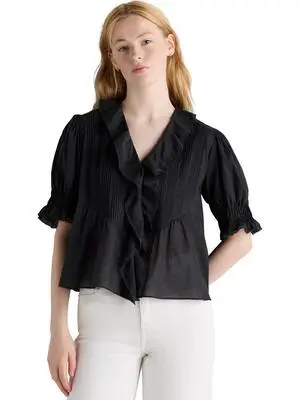 Quince Organic Cotton Voile Short Sleeve Peasant Blouse - True Black