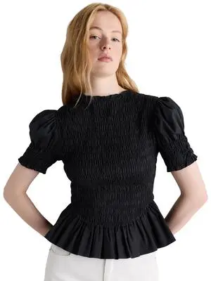 Quince Cotton Viscose Voile Smocked Peplum Top - Black