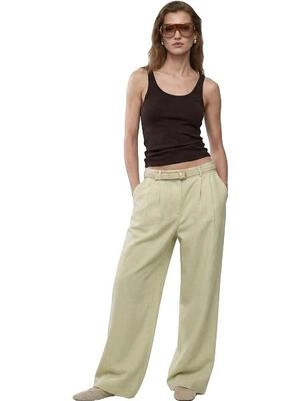 Koton Belted Linen Wide Leg Trousers - Sage